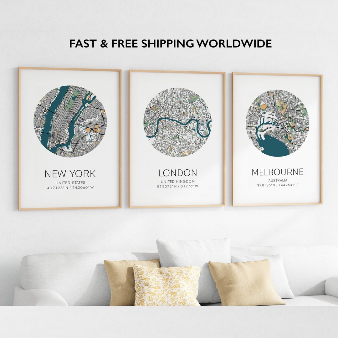 3 Piece Wall Art Set of Any City, Personalized Locations, City Map ...