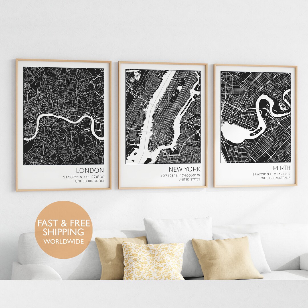 Personalized Map Print Set Of Three Map Prints Custom Locations Your Choice Anniversary