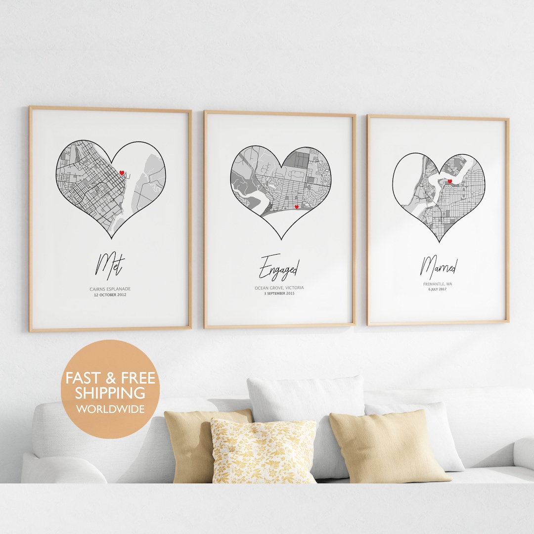 Personalized Map, Set of 3 Maps, 1st Anniversary, Paper Gift, Custom ...