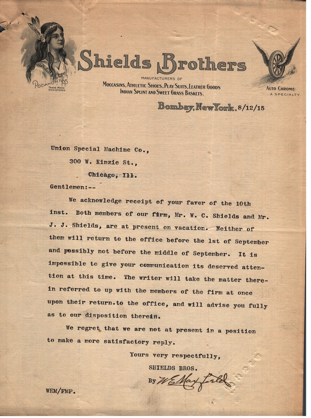1915 POCAHONTAS Letterhead From Shields Brothers Moccasin Company 2 ...