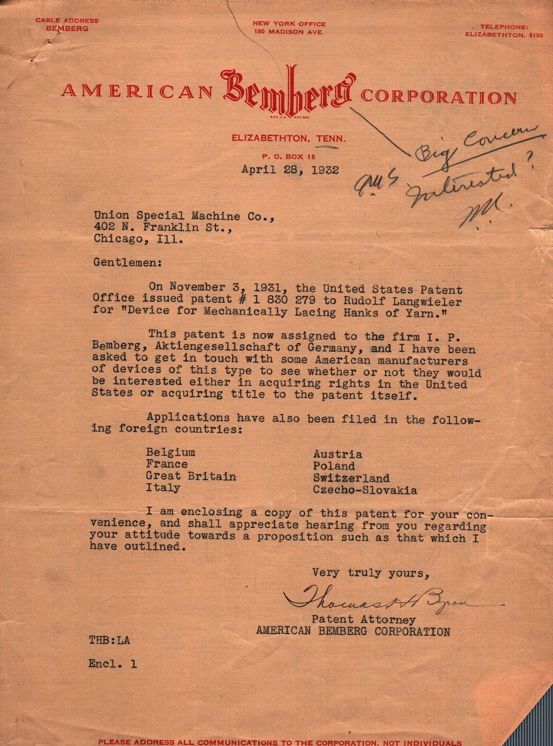 1932 American Bemberg Corporation TYPED LETTER SIGNED by Thomas Byron ...