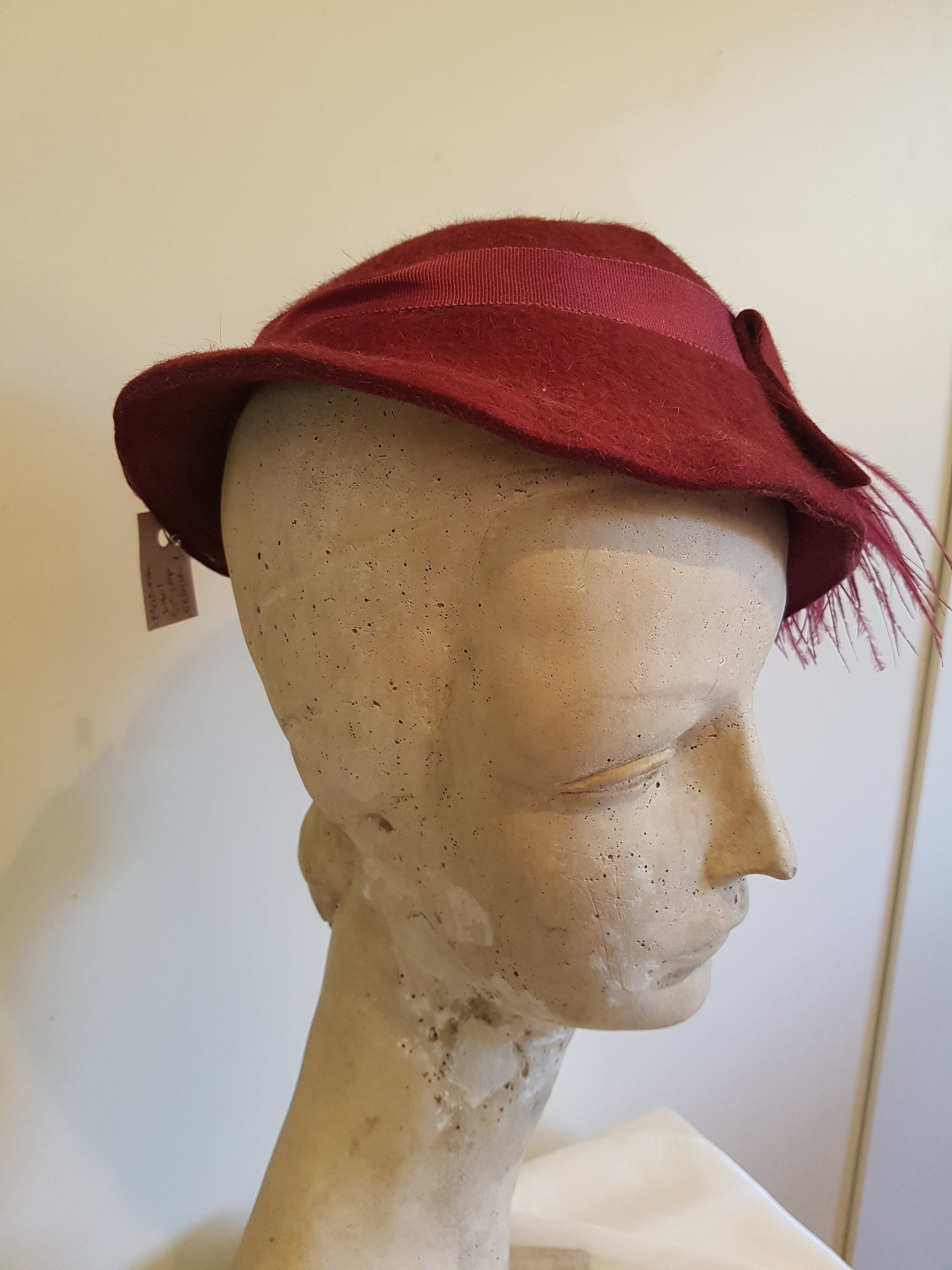 Vintage Womens 30s Maroon Felt Slouch Style Hat Ostrich Feather - Etsy
