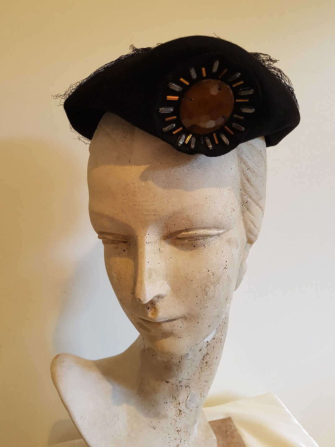 Vintage Womens 40s Black Felt Tilt Topper Celluloid Cabochon and Beads ...