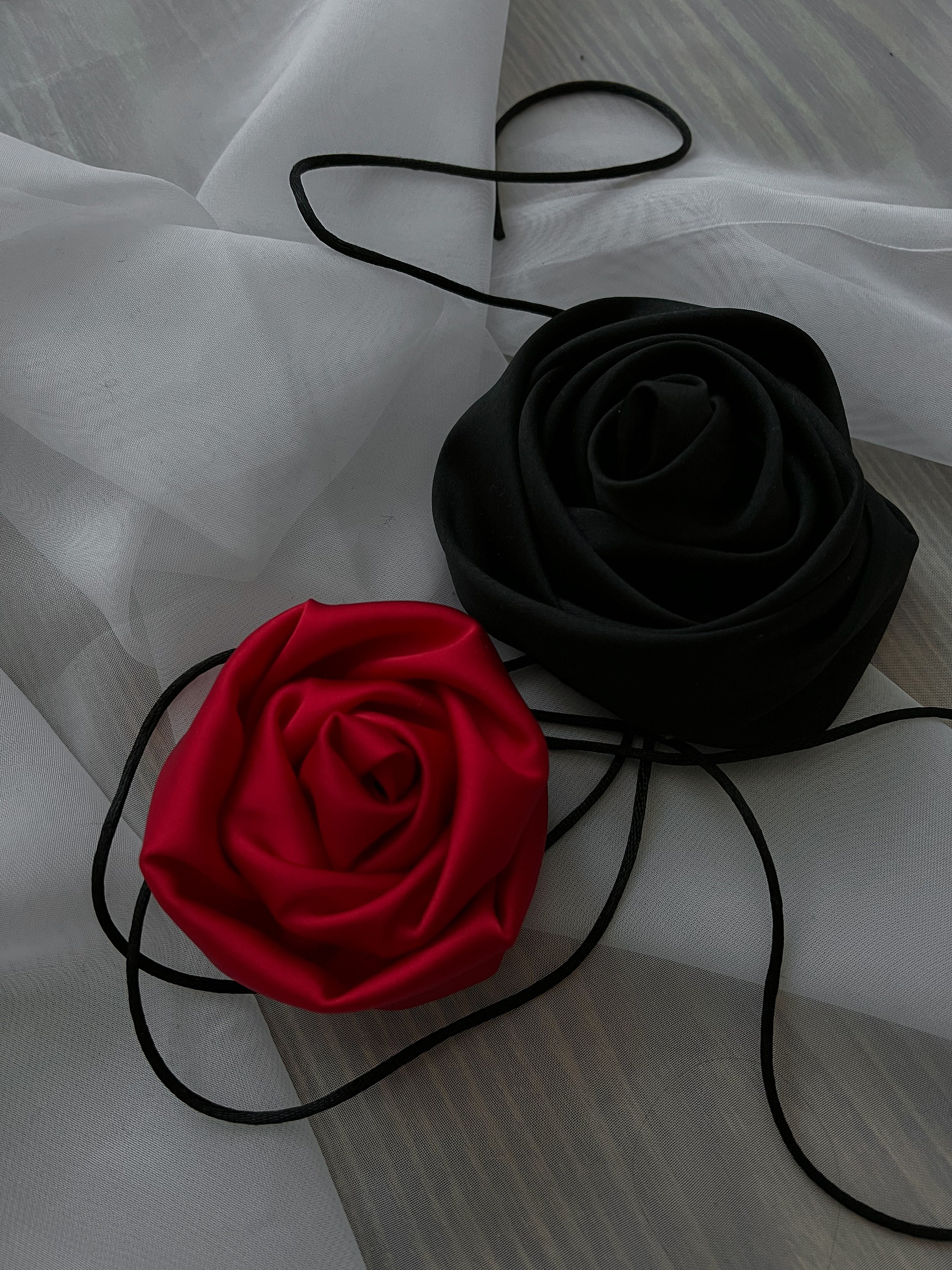 Black Satin Rose Choker, Red Hand Made Flower Necklace, Ivory Silk ...