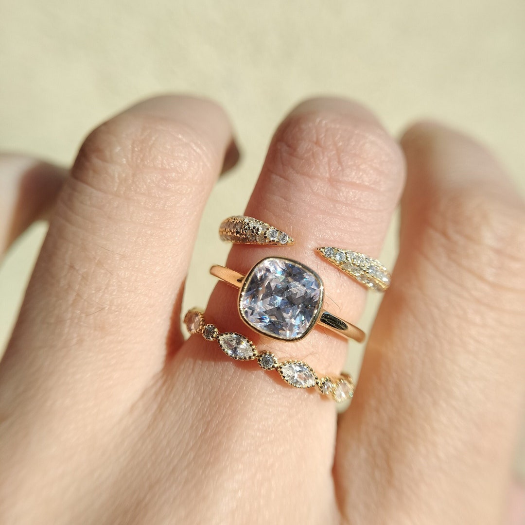 2.25ct Gold Square Cut Diamond Engagement Ring Set, Promise Ring ...