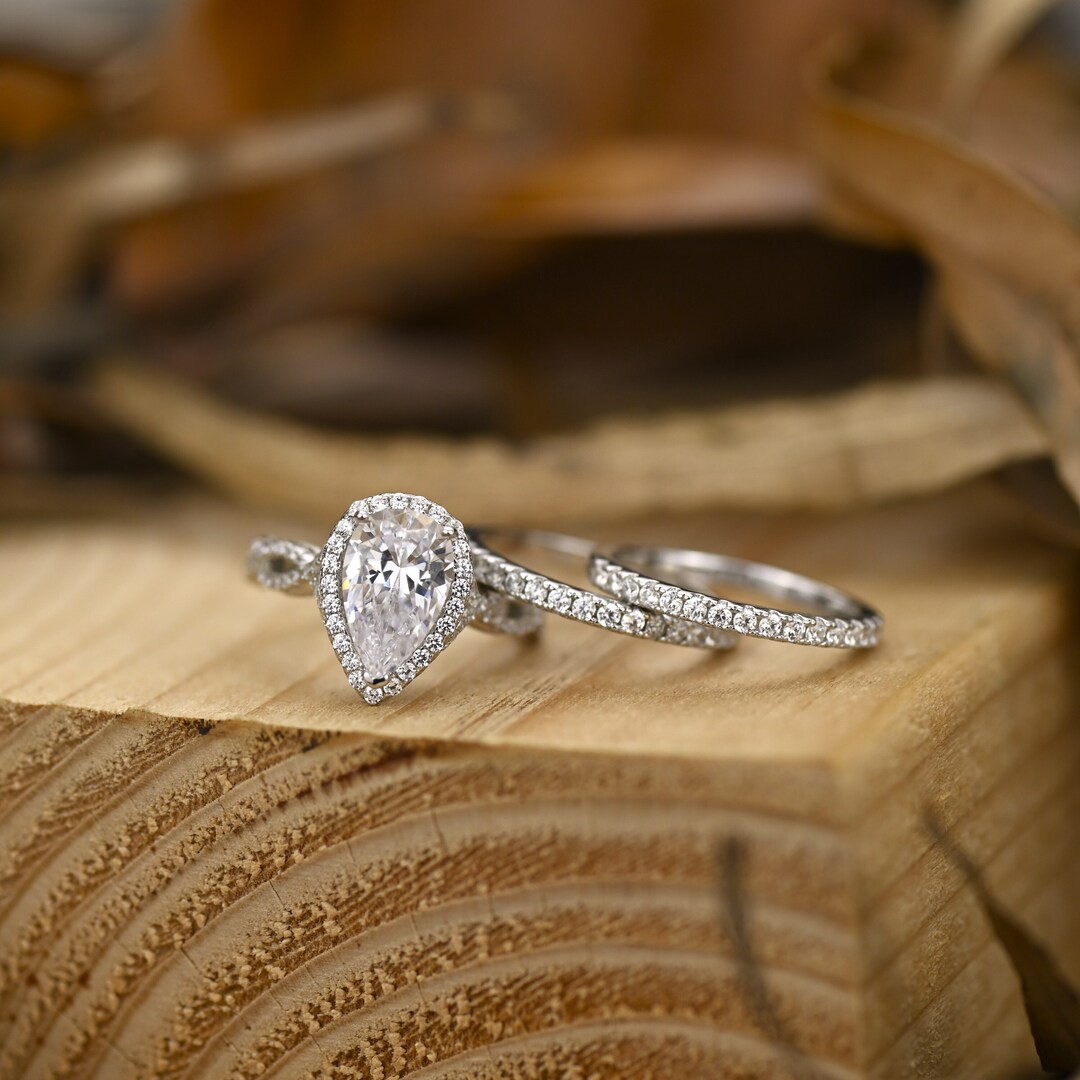 3.75ct Classic Twisted Pear Cut Wedding Ring Set Drop Halo - Etsy