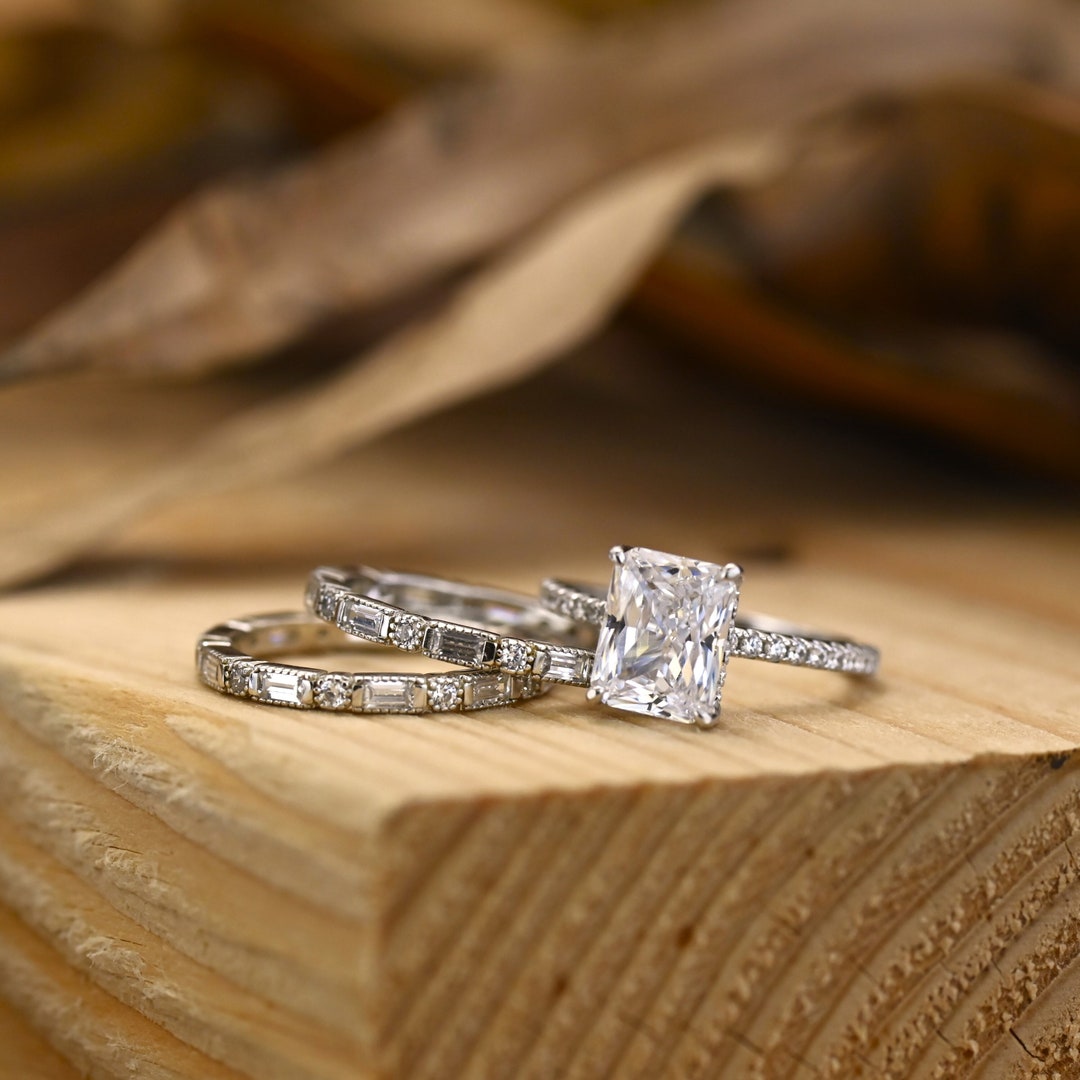 2.75ct Radiant Cut Diamond Engagement Ring Set, Solitaire Bridal Ring ...