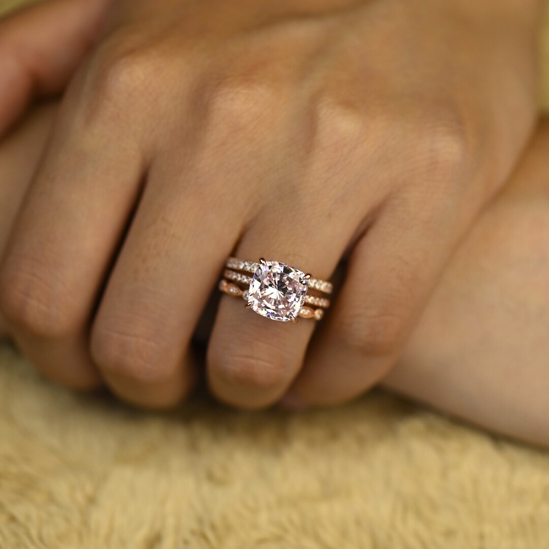 4.75ct Rose Gold Wedding Ring Set, Bridal Ring, Bridesmaid Proposal, Pink Engagement Ring ...
