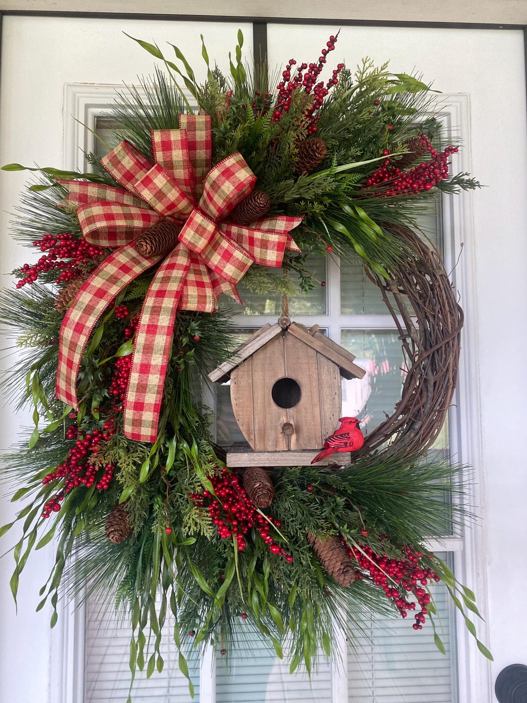 30”x25” Pine Birdhouse Wreath, Winter Wreath, Country Wreath, Christmas ...