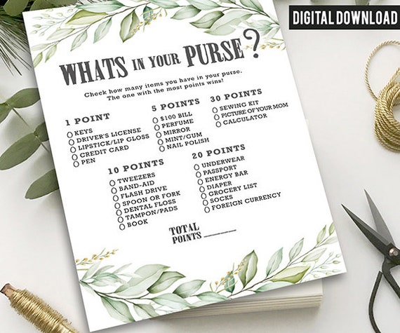 What's In Your Purse Baby Shower Games Card / Greenery / | Etsy