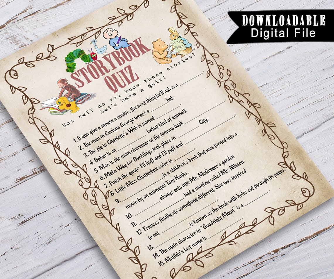 Name That Storybook Quiz Baby Shower Games /library / Children's Book ...