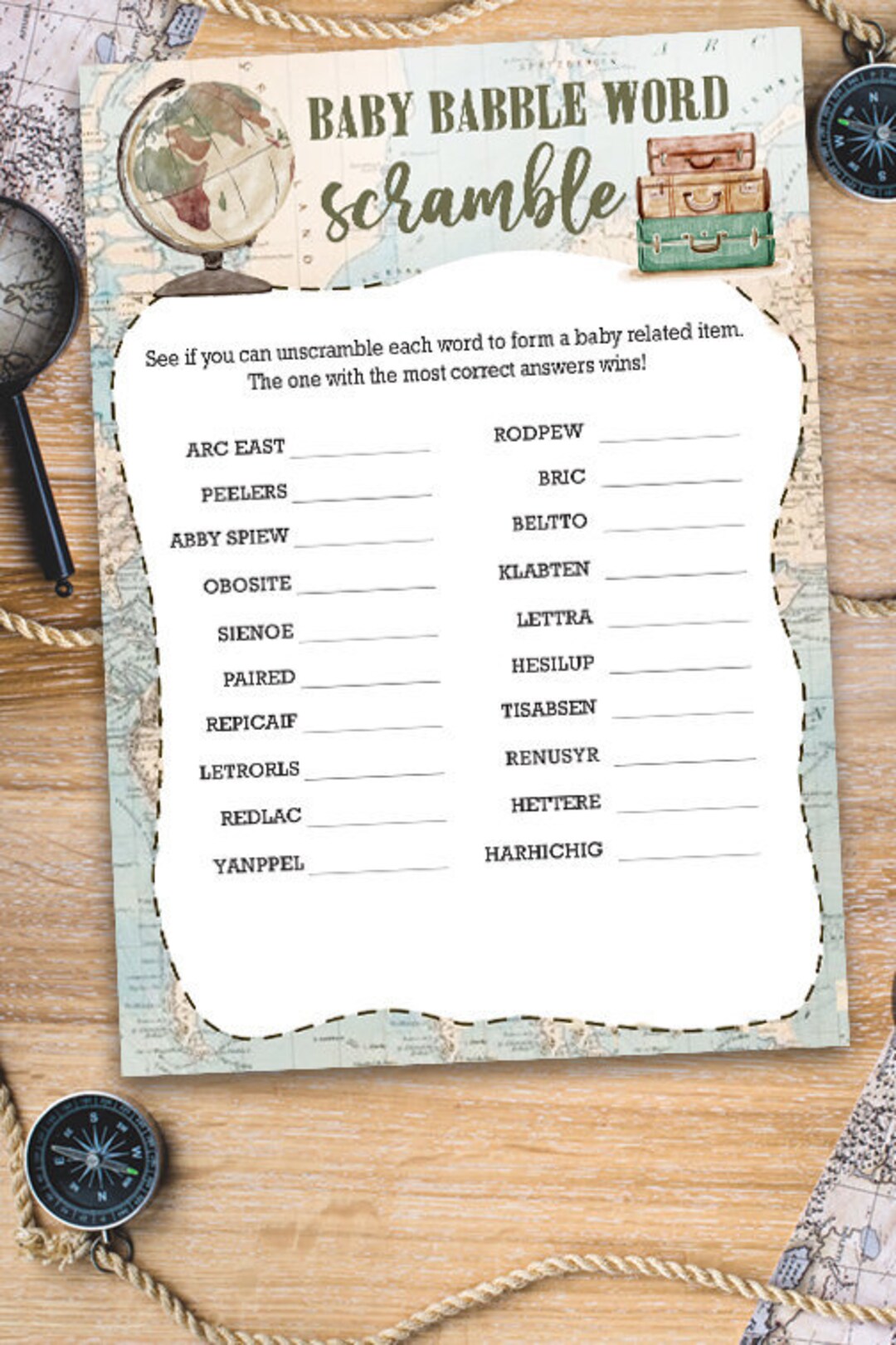 Babble Scramble Words Baby Shower Games Card / Travel Themed/ Gender ...