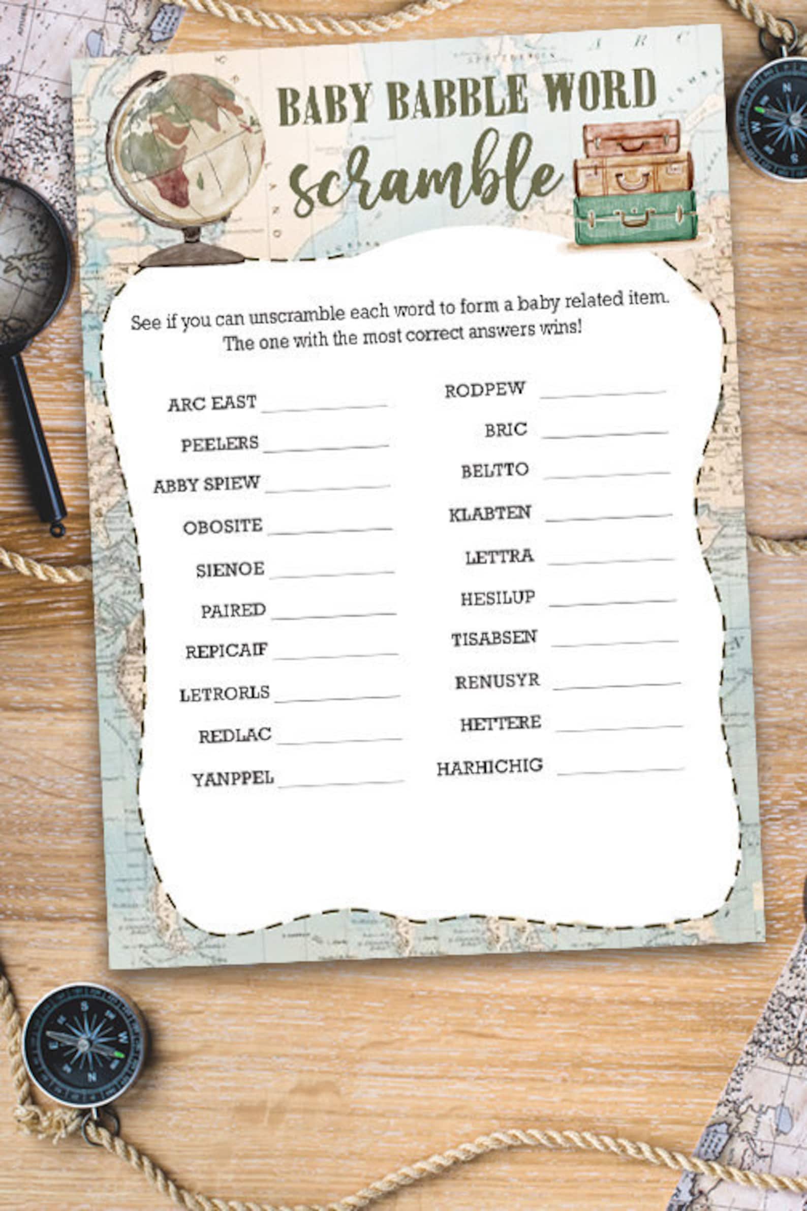 Babble Scramble Words Baby Shower Games Card / Travel Themed/ Gender ...