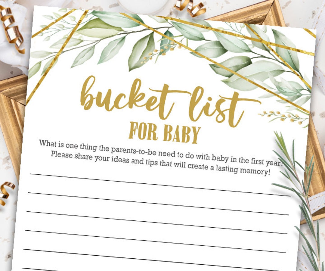 Bucket List Baby Shower Games Card / Gold Geometric Botanical Foliage ...