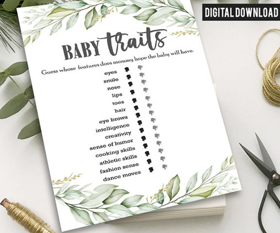 Baby Traits Baby Shower Games Card / Greenery / Gender Neutral ...