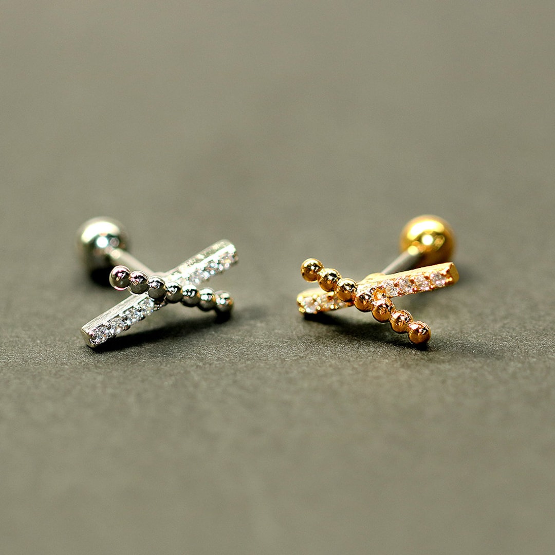 Cross Sticks Cubic Brass Stainless Steel Labret Barbell Cartilage Inner ...