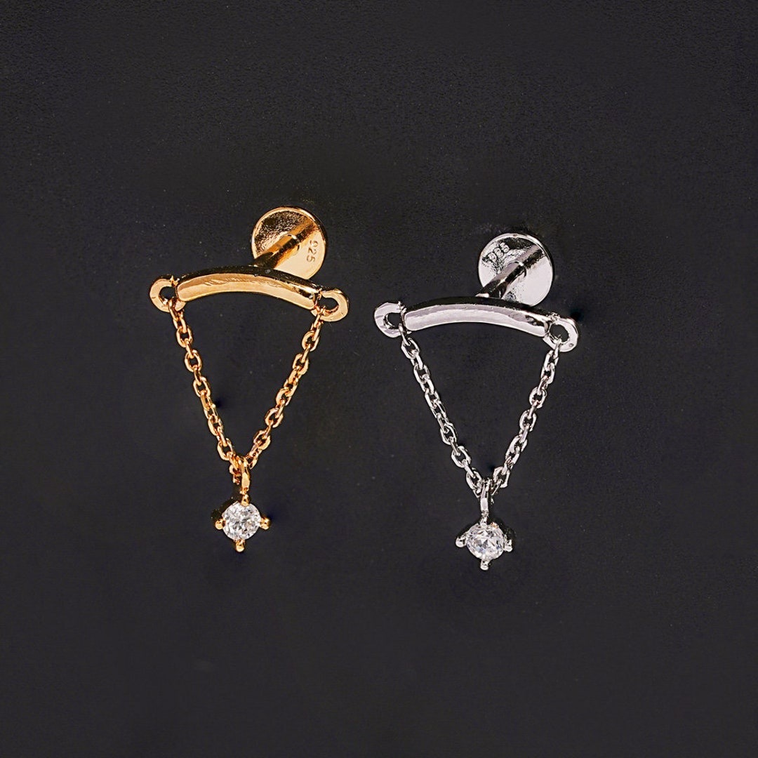 925 Silver Internally Threaded Labret Stick Chain Drop CZ Cubic ...