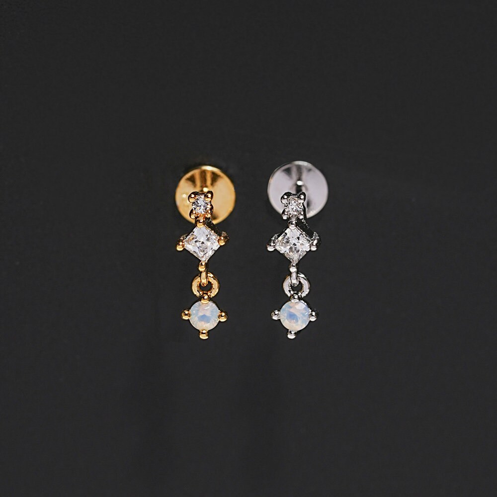 925 Silver Internally Threaded Labret Triple Dangle Crystal Internally ...