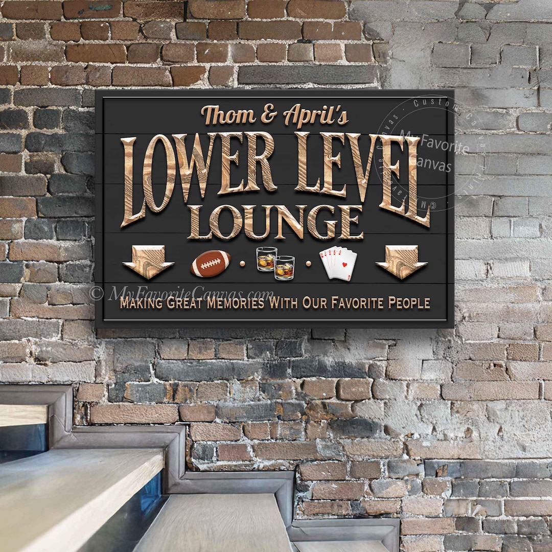 Lower Level Lounge Sign With Downstairs Arrows and Large Icons: Canvas ...