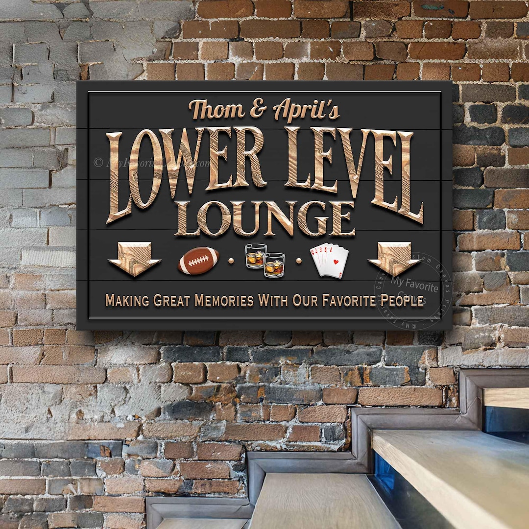 Lower Level Lounge Sign With Downstairs Arrows and Large Icons Canvas ...