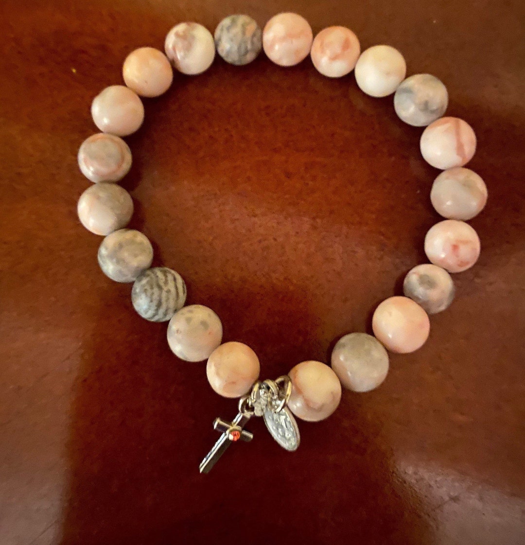 Pink Zebra Jasper JOY & CONTENTMENT Bracelet, Miraculous Mary Medal - Etsy
