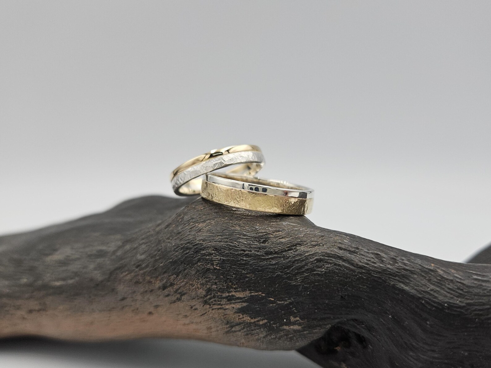 Two Tone Wedding Rings, 14K Gold and Sterling Silver, Hammered Bimetal ...