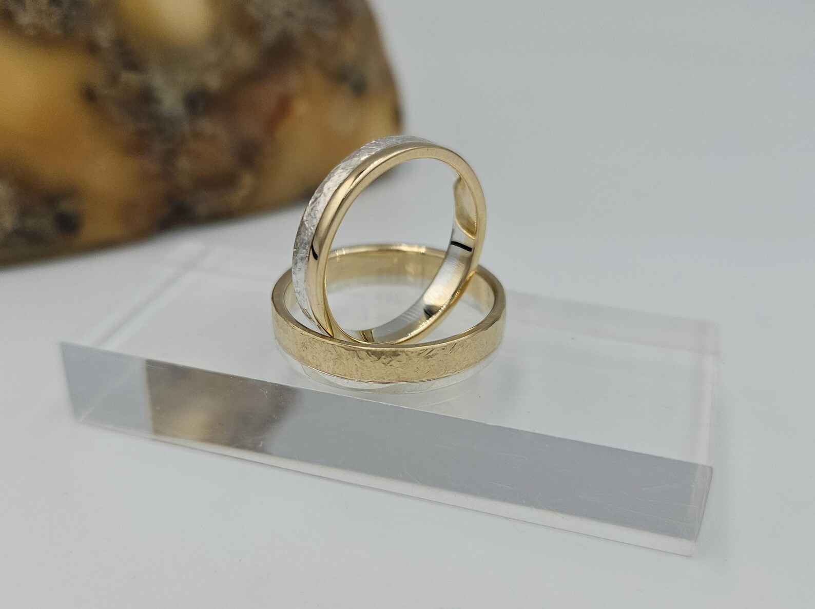 Two Tone Wedding Rings, 14K Gold and Sterling Silver, Hammered Bimetal ...