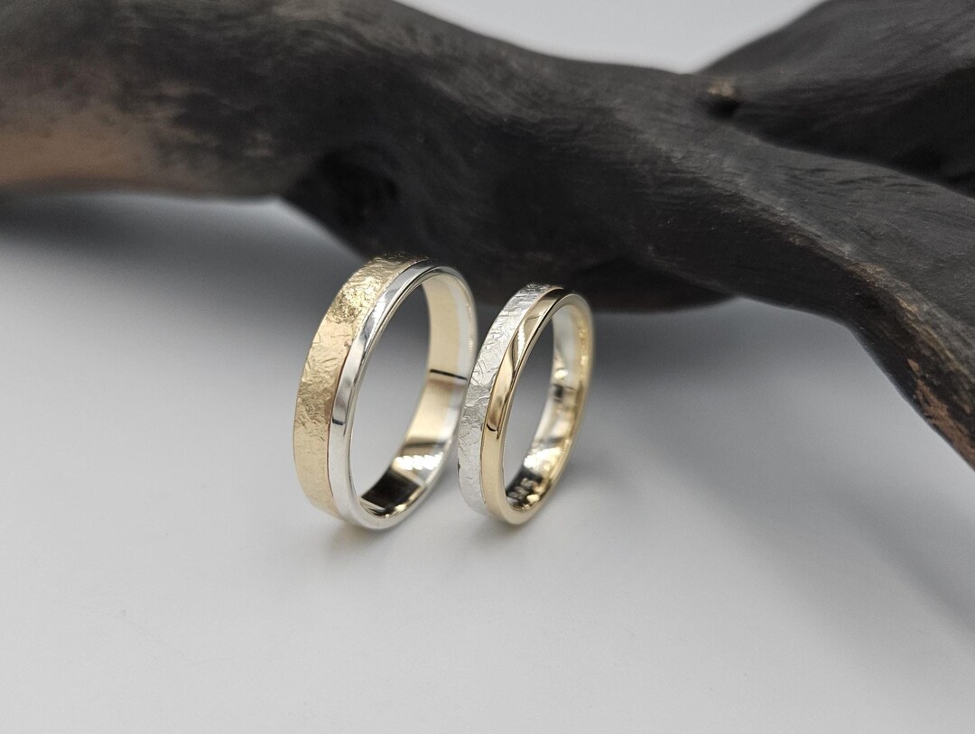 Two Tone Wedding Rings, 14Κ Gold and Sterling Silver His & Hers Bands ...
