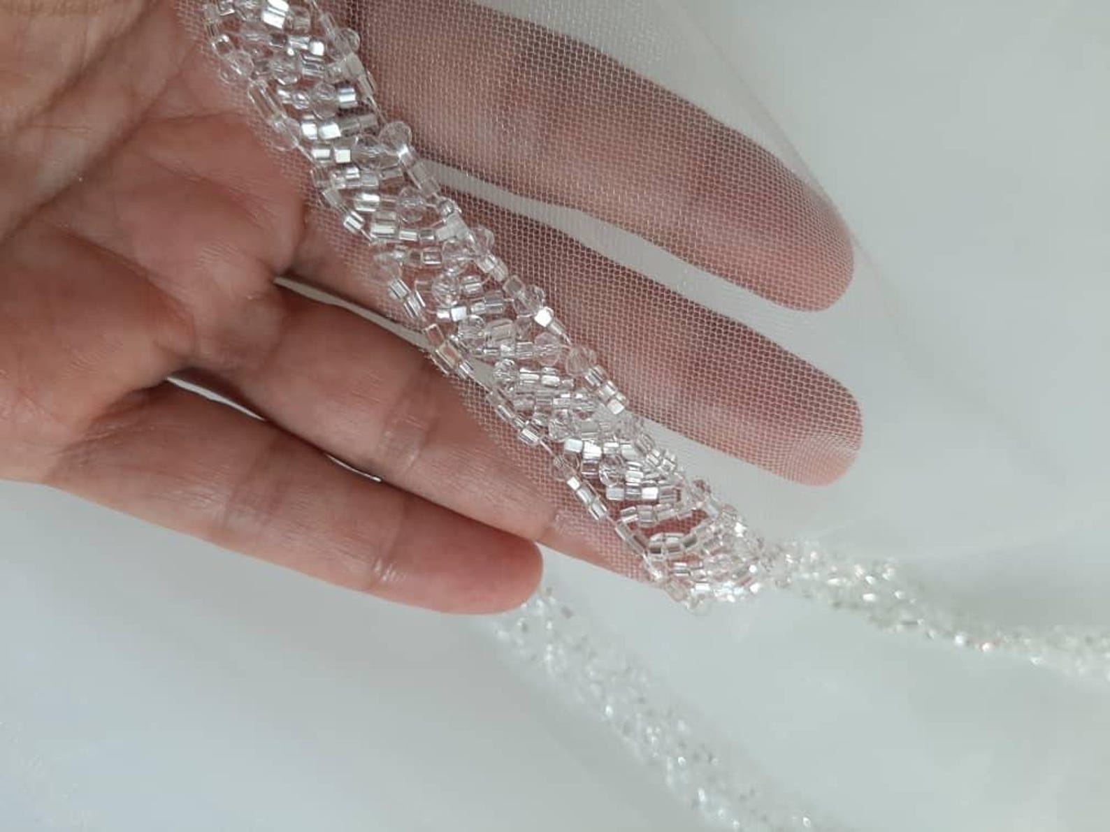 Beaded Crystal Wedding Veil: Cascading Cut Tulle, Rhinestone Edge - Etsy