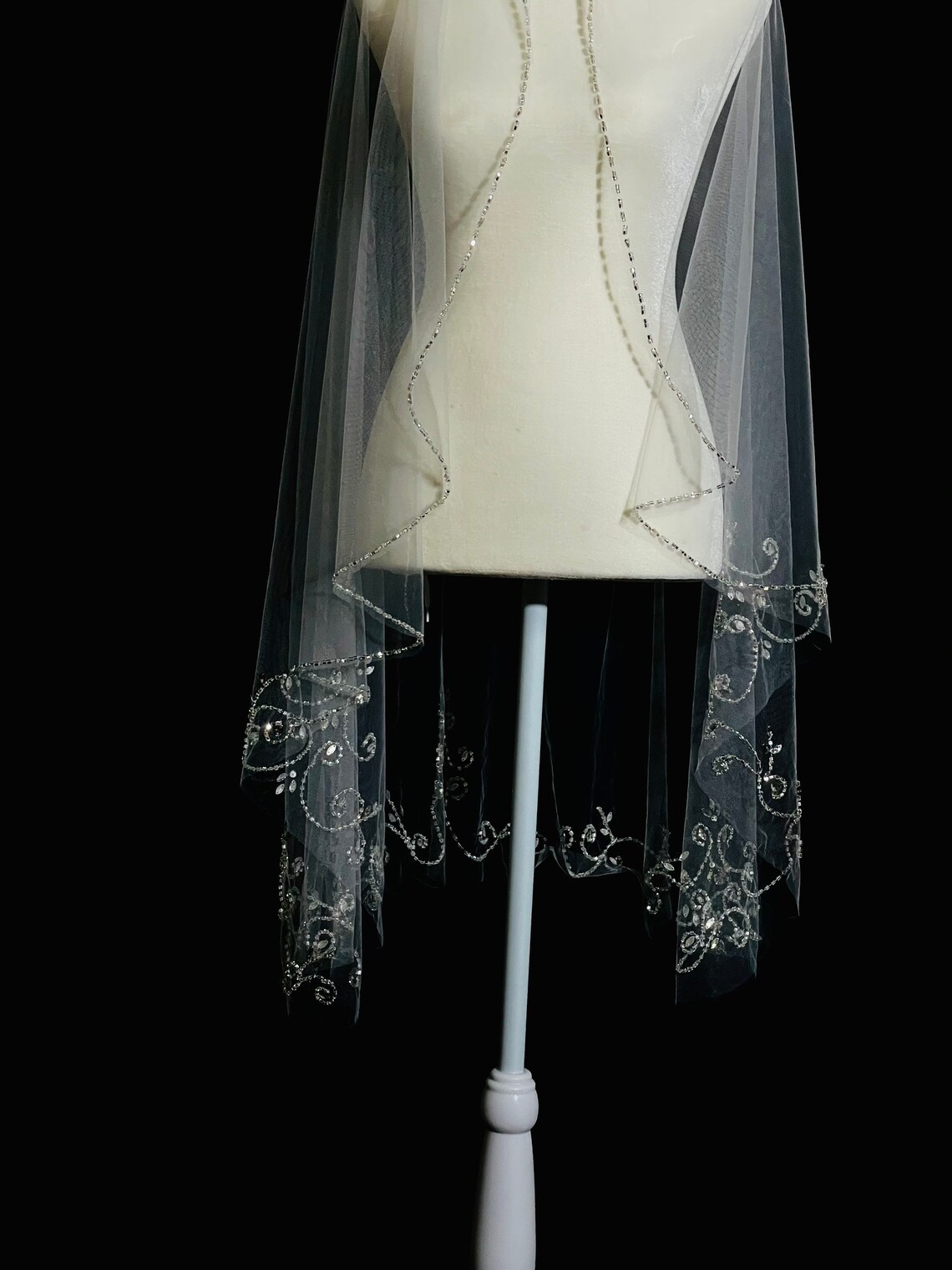Beaded Scroll Design, Beaded Veil, Ivory Veil, White Pearl Veil, Elbow ...
