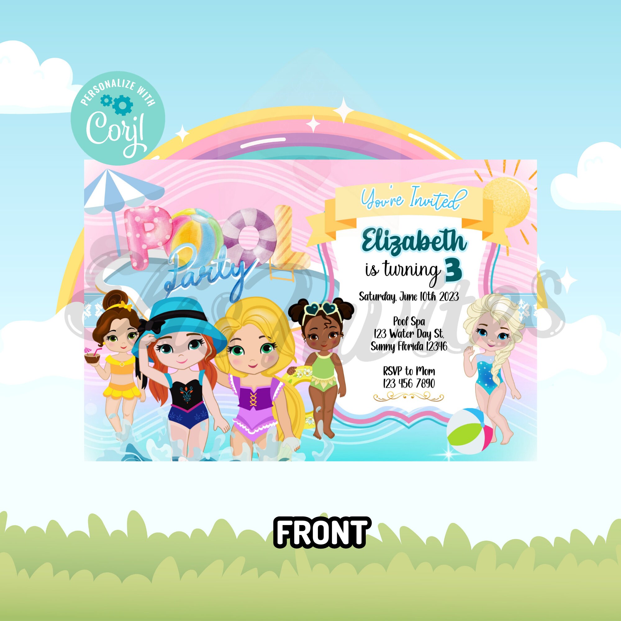Corjl Princess 2 Pool Party Digital Birthday Invitation INSTANT ...