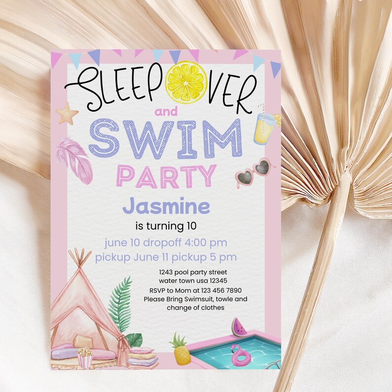 Sleepover Swim Party Invitation | Watercolor Pink (5x7 Instant Download ...