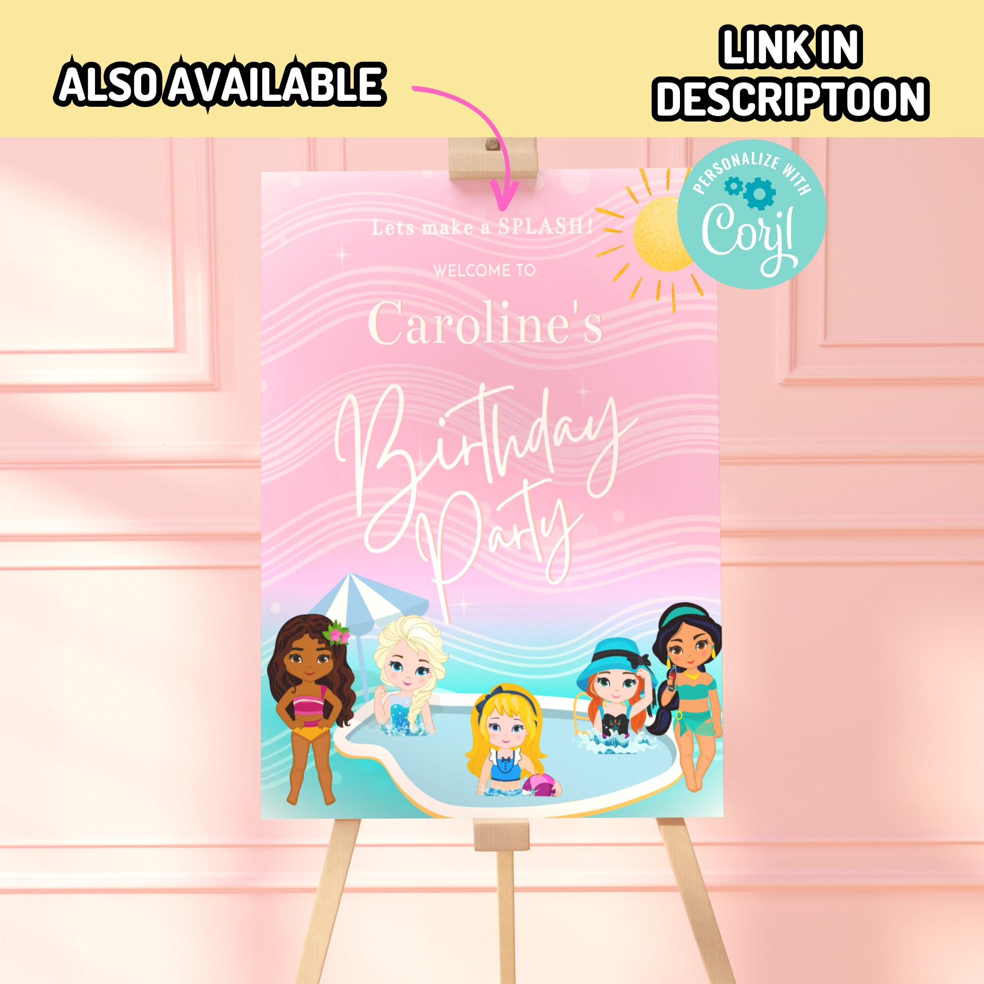 Corjl Princess Pool Party Digital Birthday Invitation INSTANT EDITABLE ...