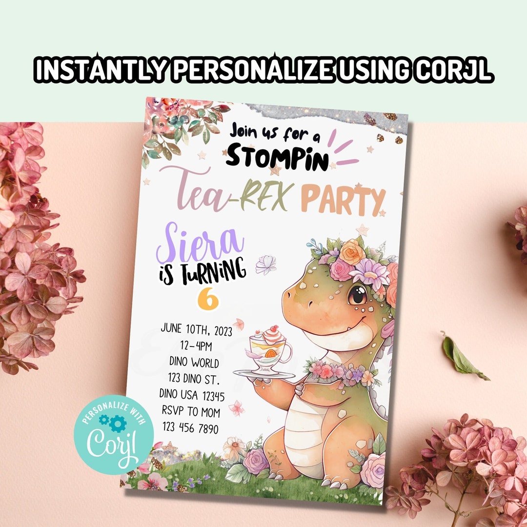 Corjl Tea Rex Tea Party Birthday Digital Invitation INSTANT - Etsy