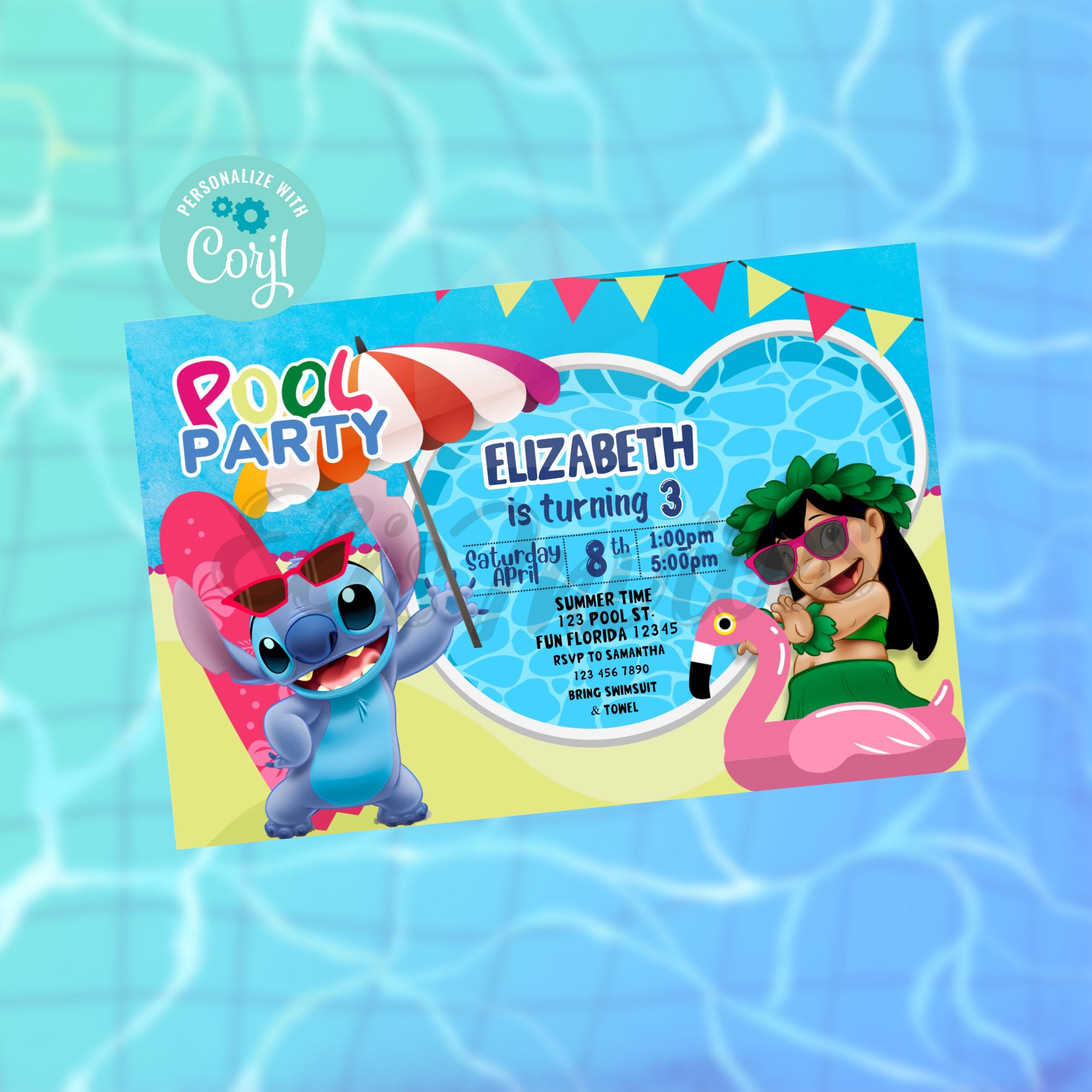 Corjl Lilo and Stitch Pool Party Digital Birthday Invitation INSTANT ...