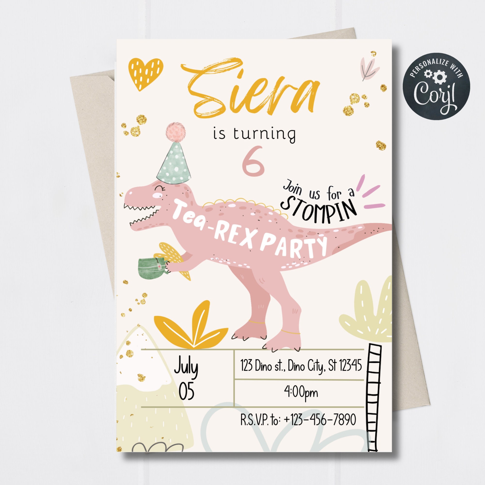 Corjl Tea Rex Tea Party Birthday Digital Invitation INSTANT EDITABLE ...