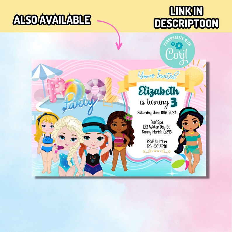 Princess Pool Party Digital Sign Poster Birthday INSTANT EDITABLE ...