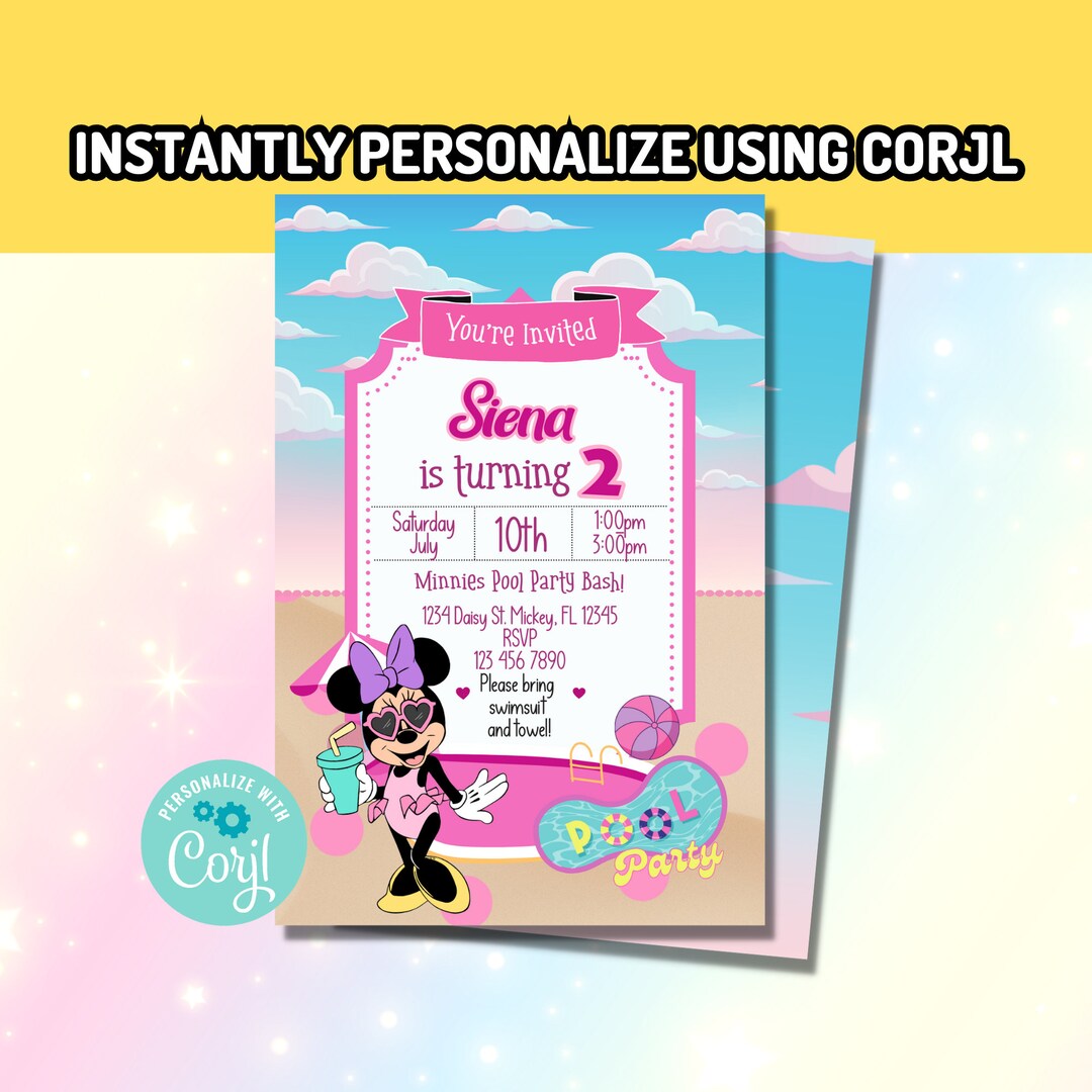 Corjl Minnie Mouse Pool Party Birthday Digital Invitation INSTANT ...