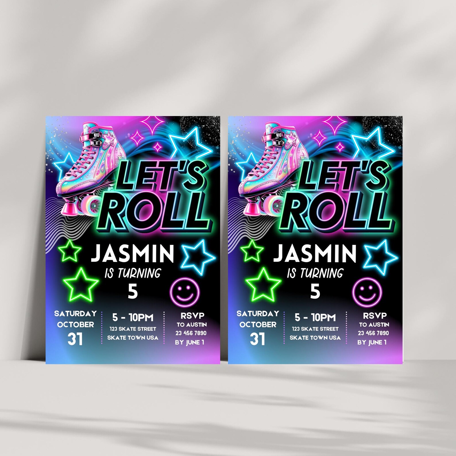 Neon Roller Skating Party Invitation – Pink & Blue (digital Download ...