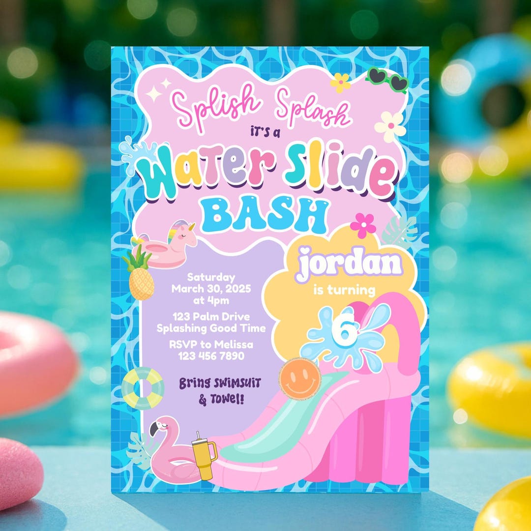 Pastel Pool Party Invitation | Water Slide Bash (5x7) (digital Download ...
