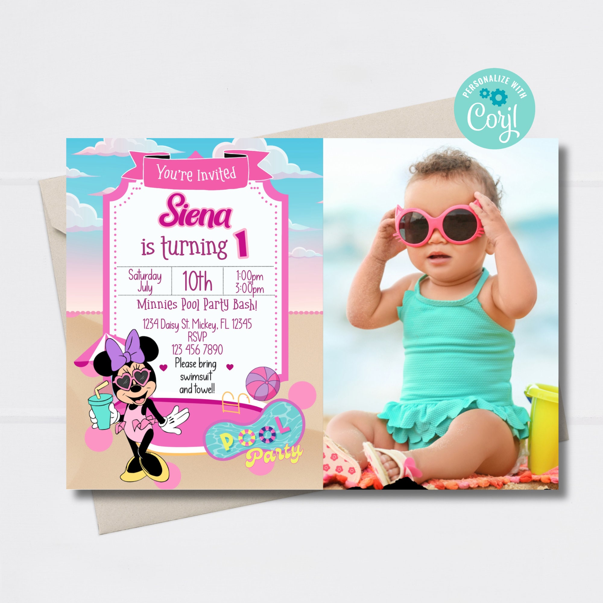 Corjl Minnie Mouse Pool Party Birthday Digital Invitation INSTANT ...
