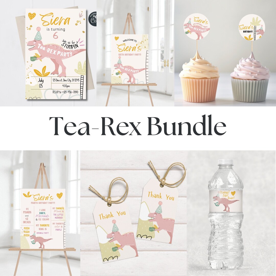 Tea Rex Birthday Party Bundle, Dinosaur Invitation (digital Template ...