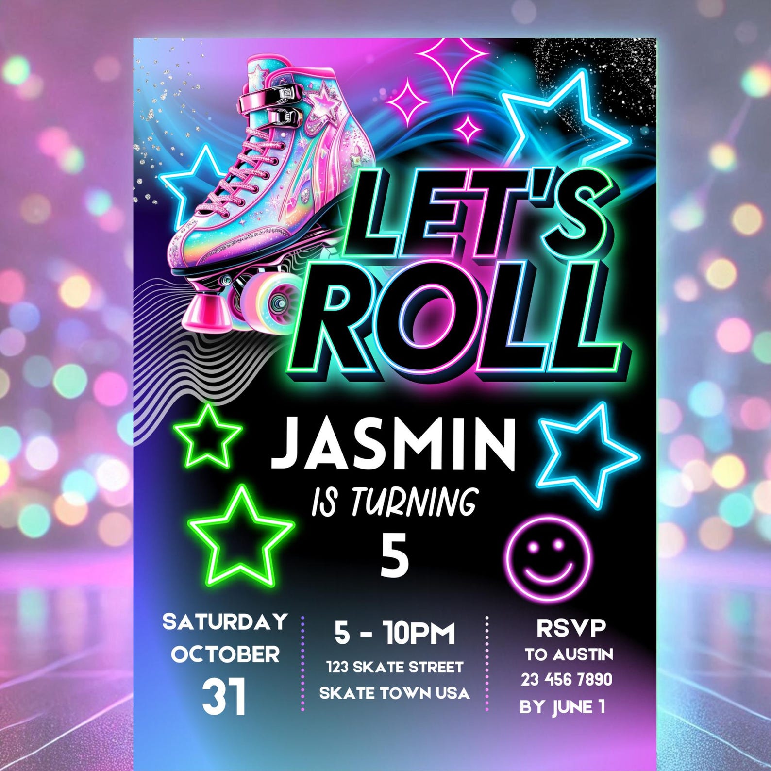 Neon Roller Skating Party Invitation – Pink & Blue (digital Download ...