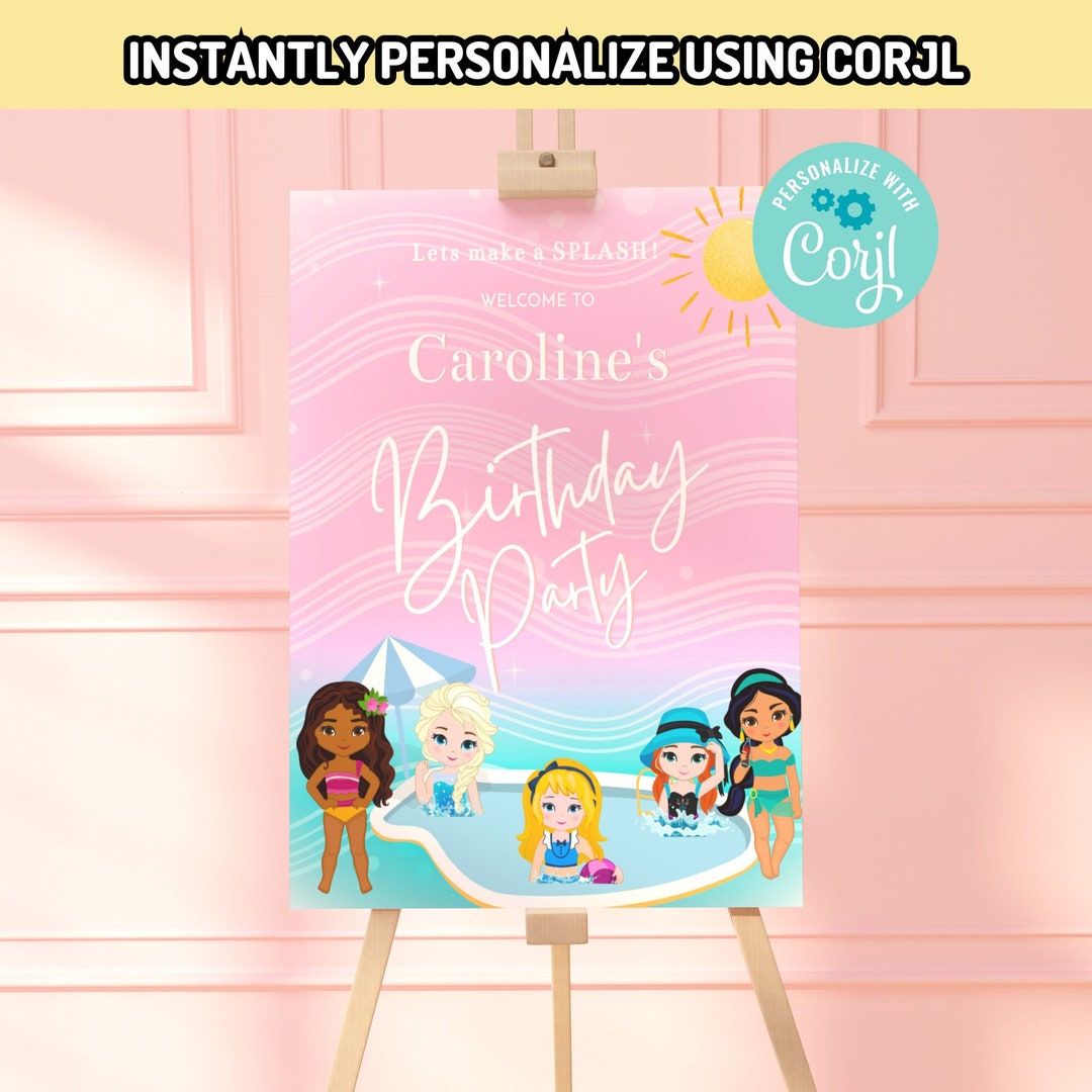 Princess Pool Party Digital Sign Poster Birthday INSTANT EDITABLE ...