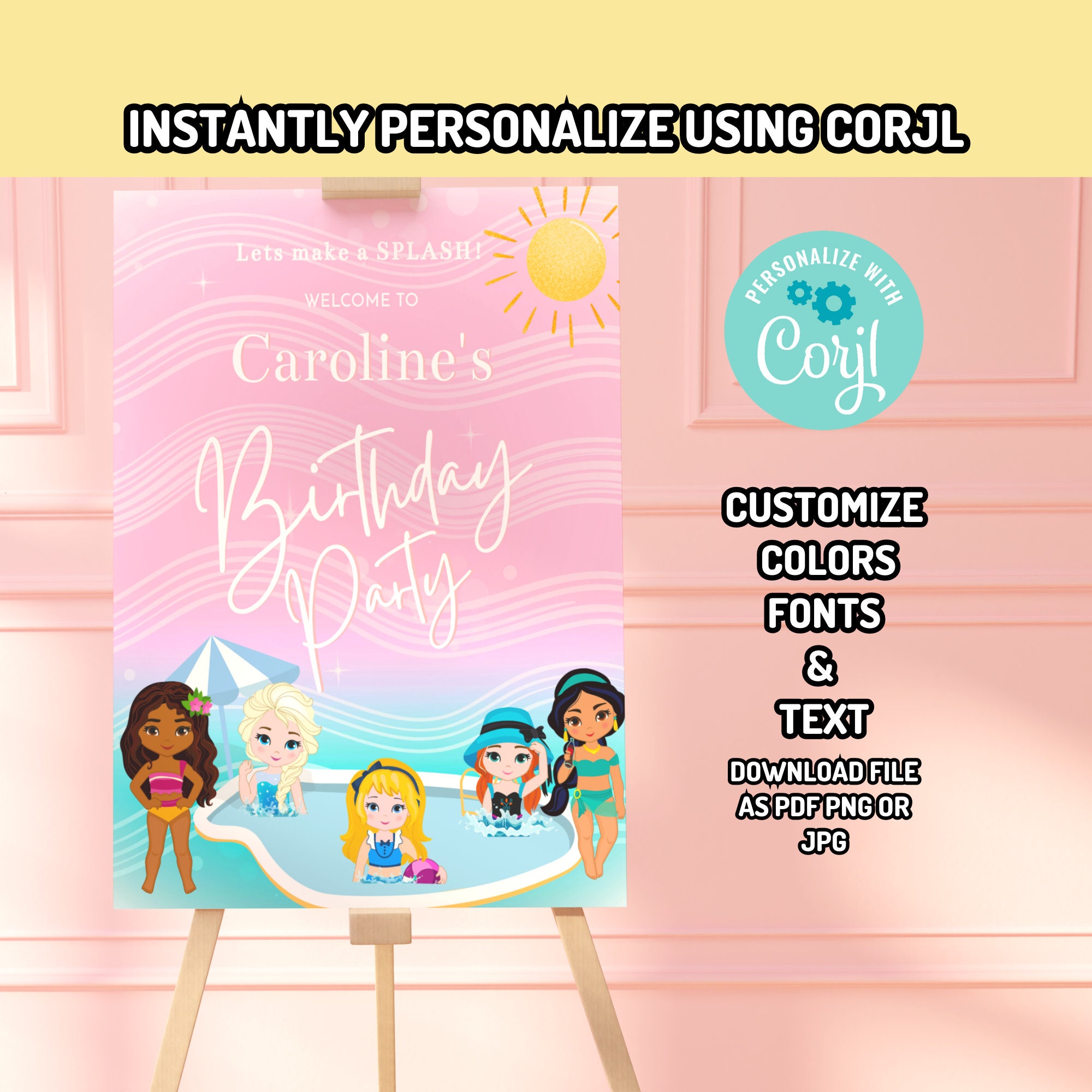 Princess Pool Party Digital Sign Poster Birthday INSTANT EDITABLE ...