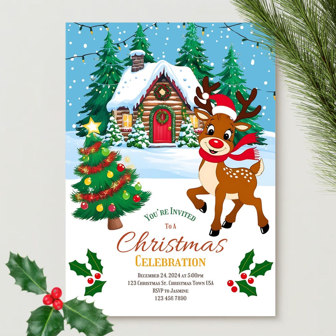 Instant Self Editable Classic Christmas Rudolph Invitation Dinner Lunch ...