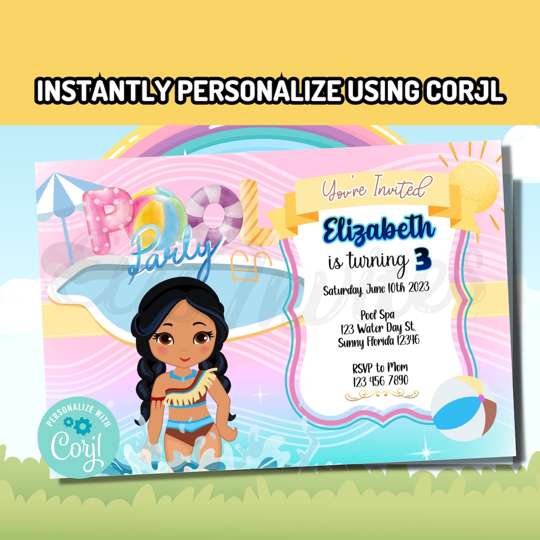 Corjl Princess Pool Party Pocahontas Digital Birthday Invitation ...