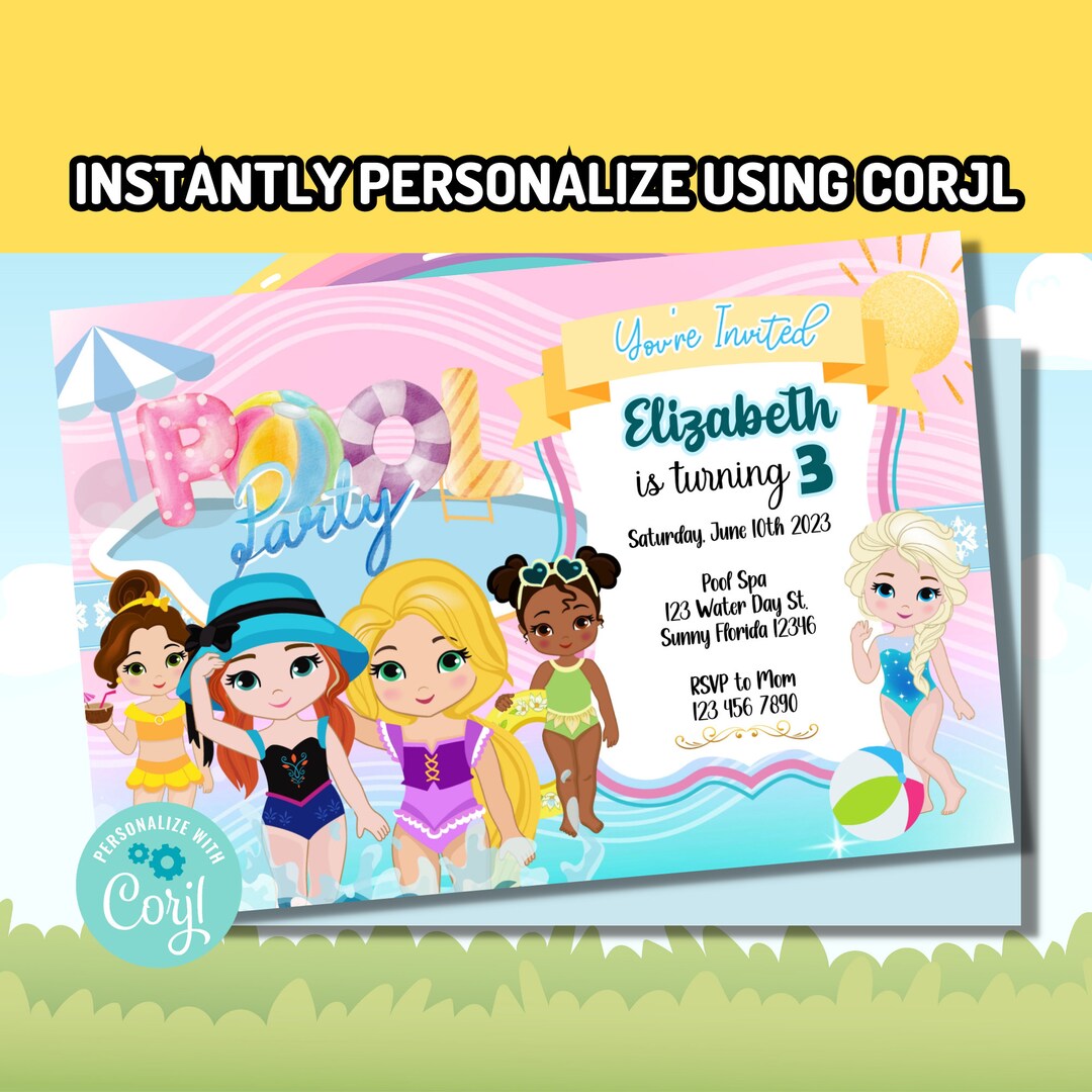 Corjl Princess 2 Pool Party Digital Birthday Invitation INSTANT ...