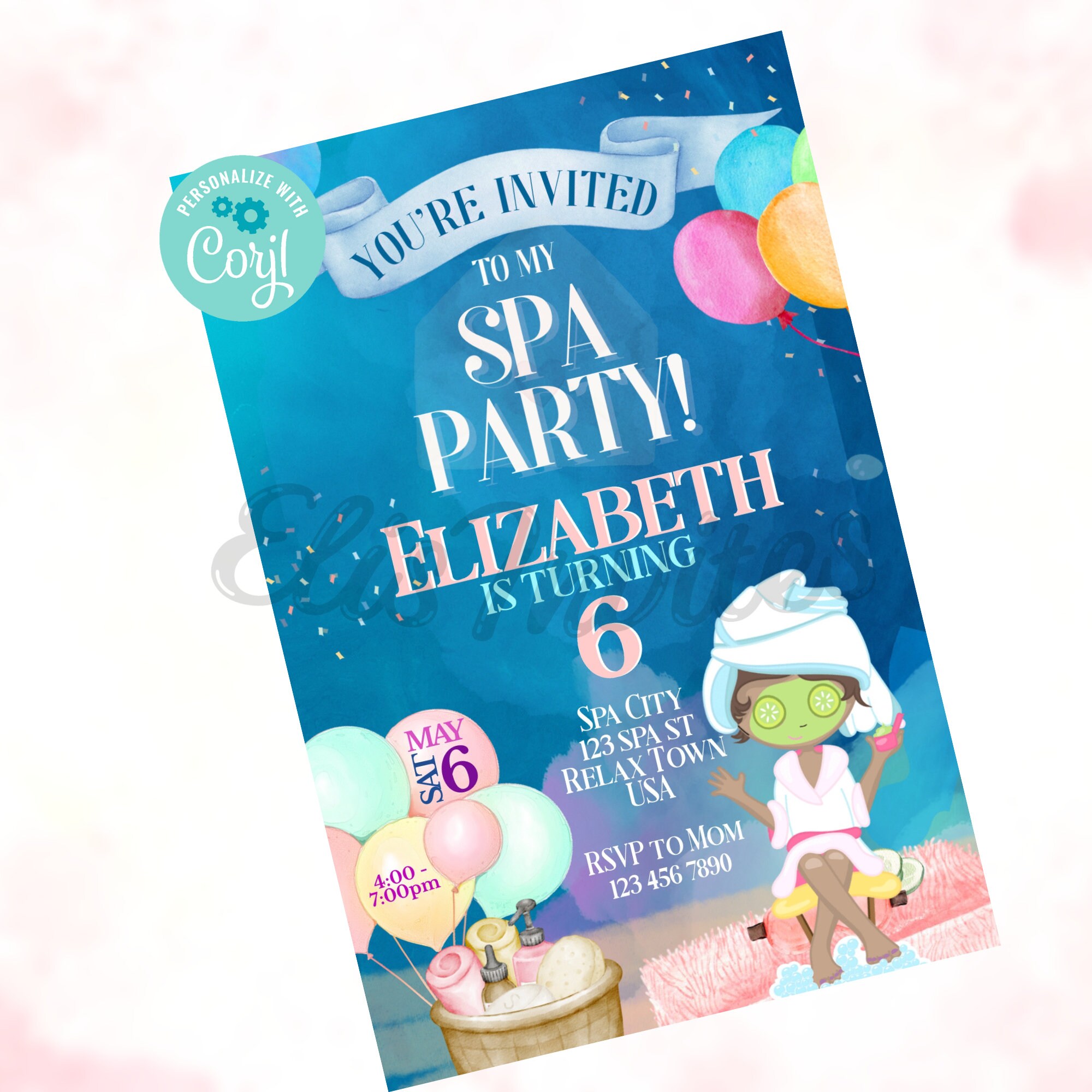 Corjl Spa Party Kids Birthday Digital Invitation INSTANT EDITABLE ...