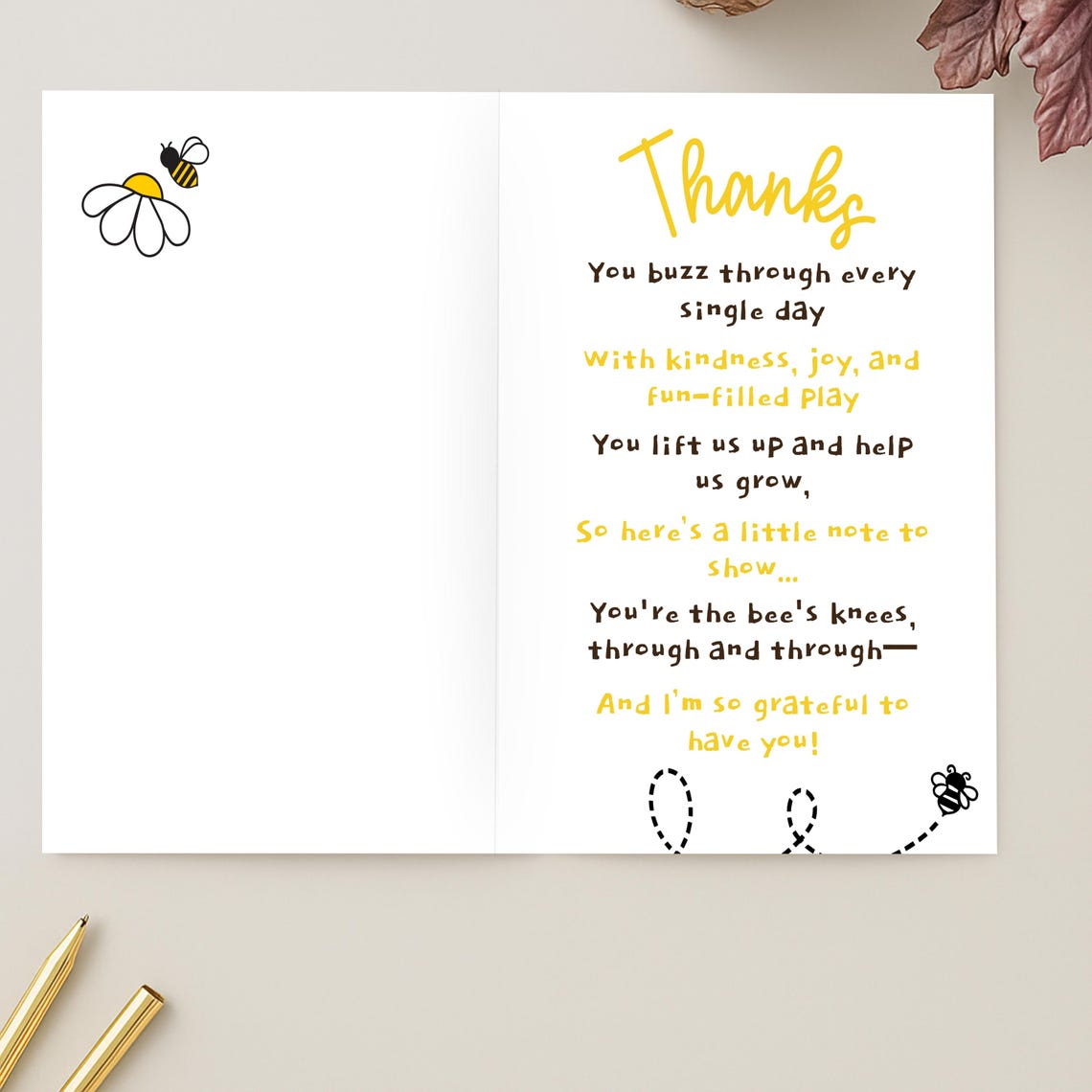Printable Bee Teacher Card – Appreciation Thank You (PDF) - Etsy